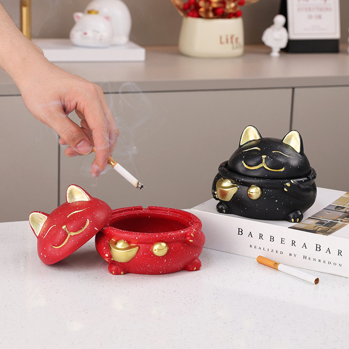 Cat Ashtray with Lid Cement Red Black – Ashtray Planet