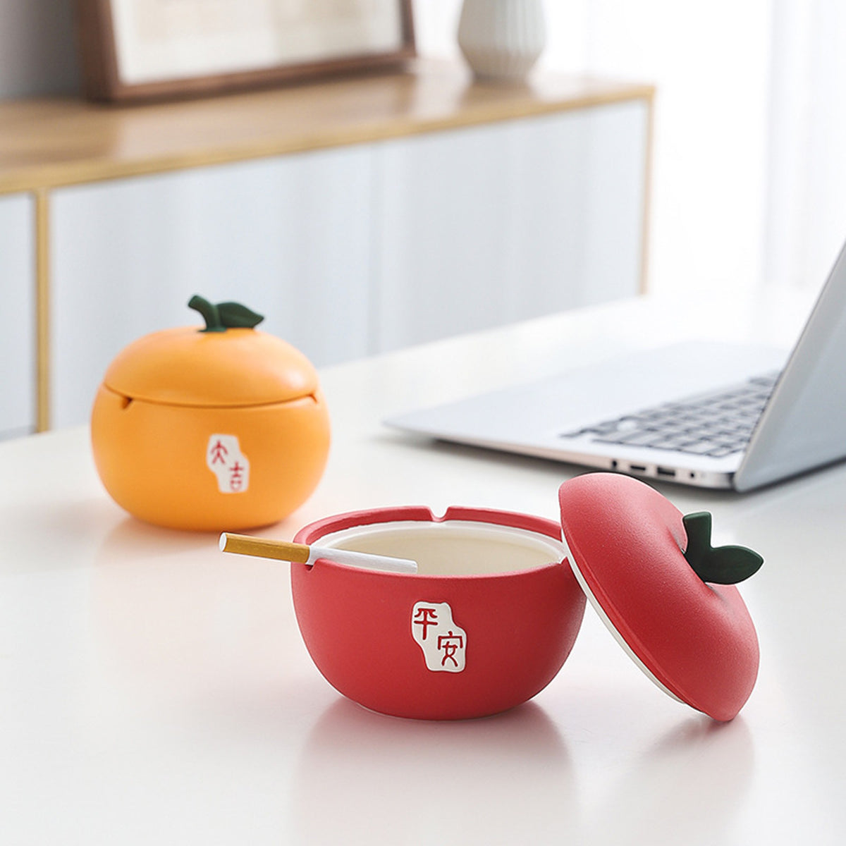 Covered Ashtray Apple Orange Ceramic Ash Tray Smokeless – Ashtray Planet