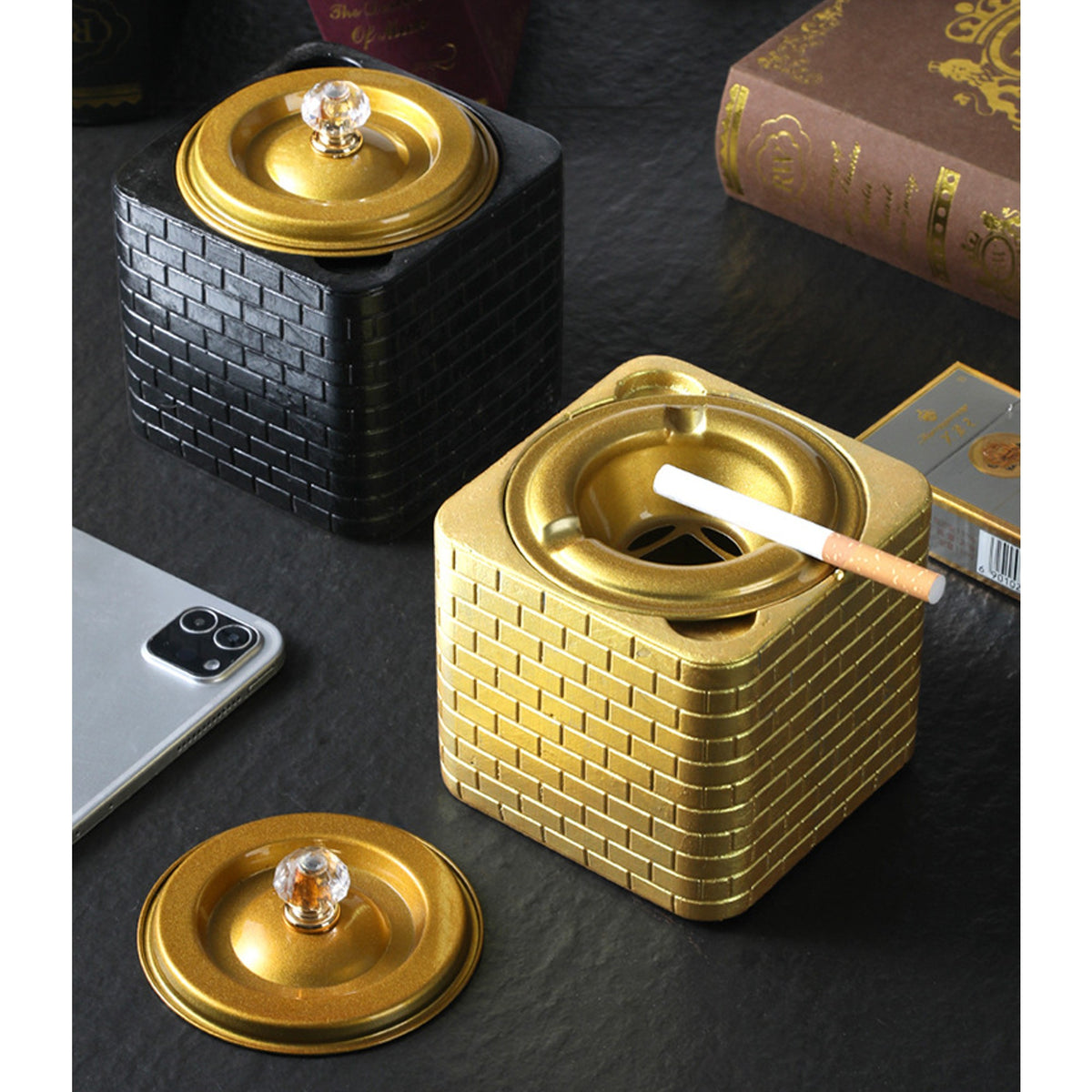 Outdoor Ashtray with Lid Cement Black Gold – Ashtray Planet