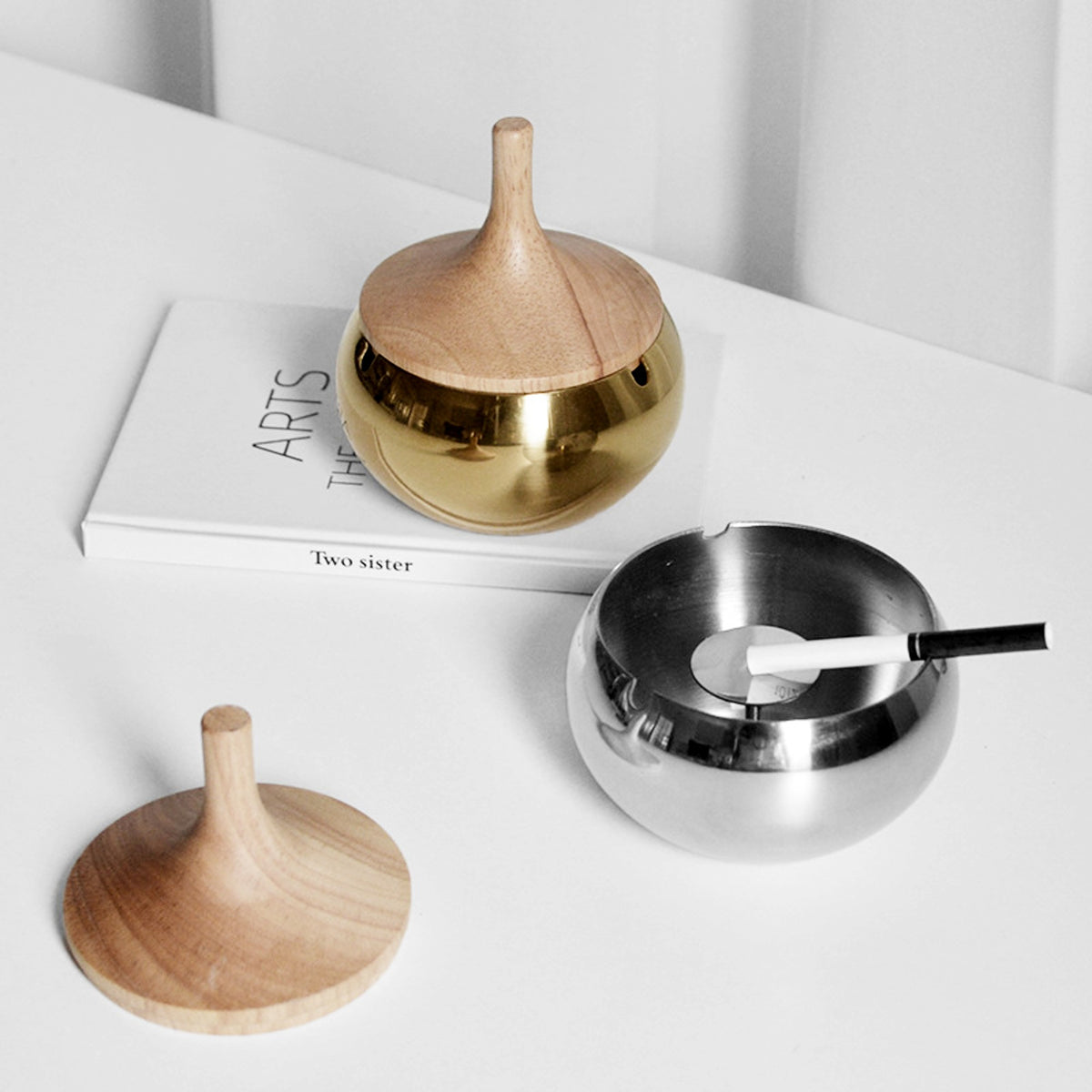 Metal Ashtray with Wooden Lid Stainless Steel Ash Tray Covered ...
