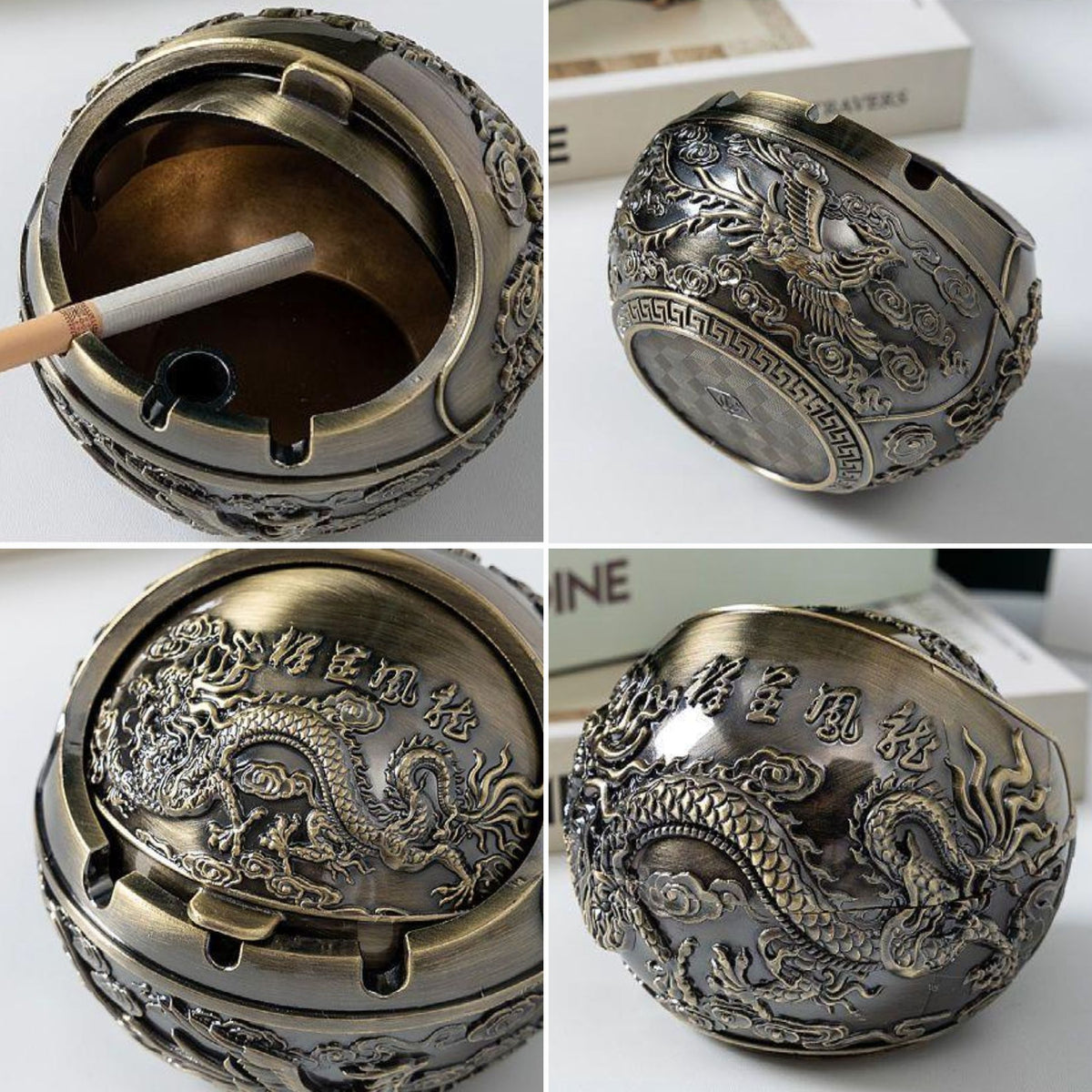 Vintage Outdoor Ashtray with Lid Dragon Phoenix – Ashtray Planet
